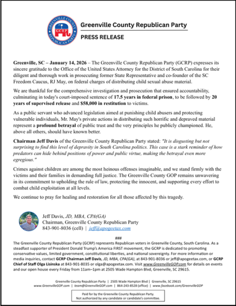 Greenville County Republican Party Chairman Statement on RJ May’s ...