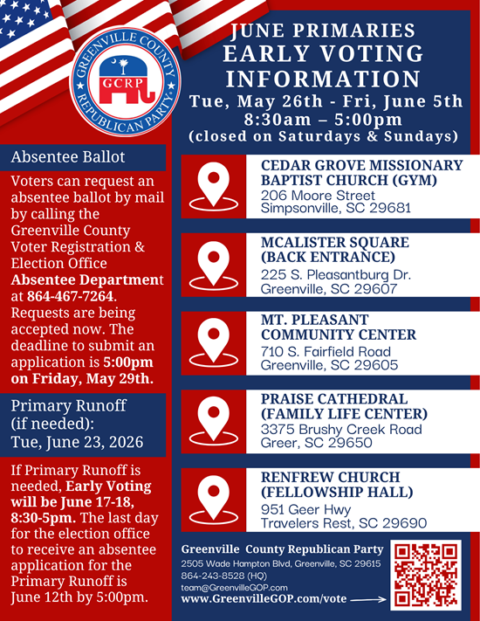 SAVE THE DATE - June 9th - Primary Election Day - Greenville GOP